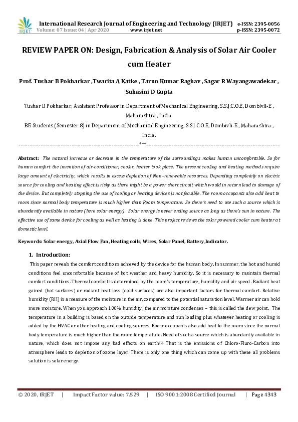 (PDF) IRJET- REVIEW PAPER ON: Design, Fabrication & Analysis of Solar ...