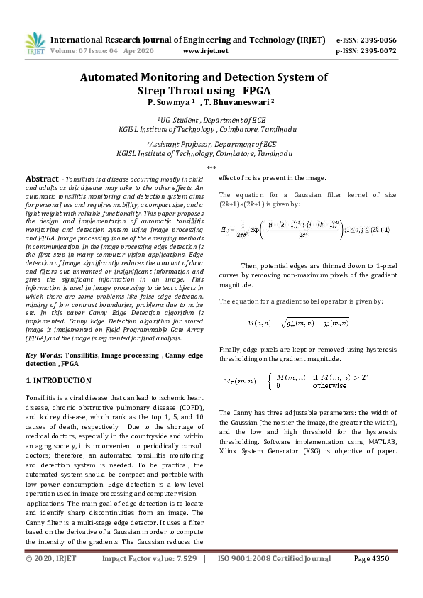 (PDF) IRJET- Automated Monitoring and Detection System of Strep Throat using FPGA