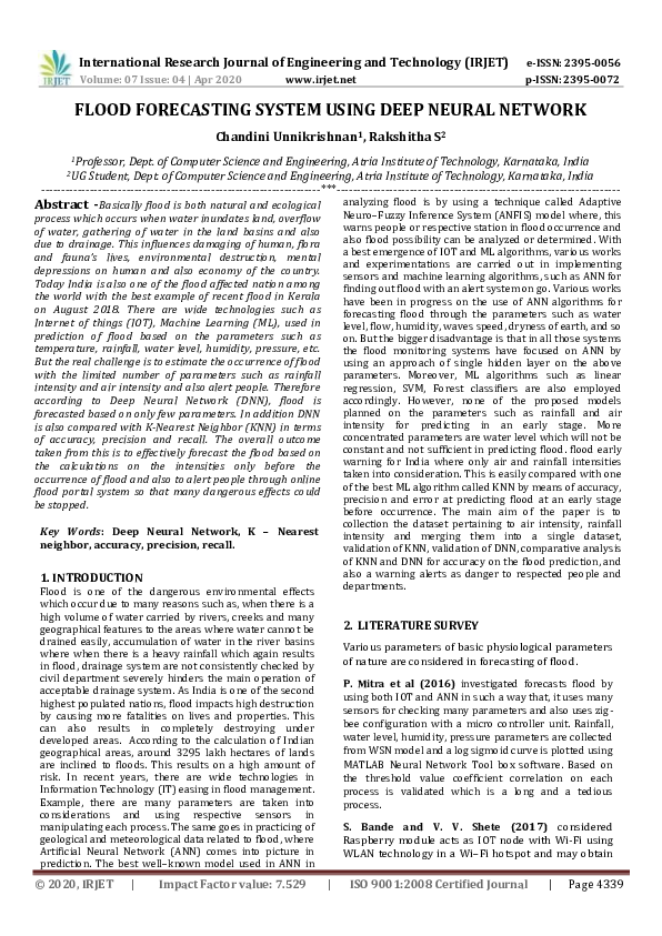 (PDF) IRJET- FLOOD FORECASTING SYSTEM USING DEEP NEURAL NETWORK