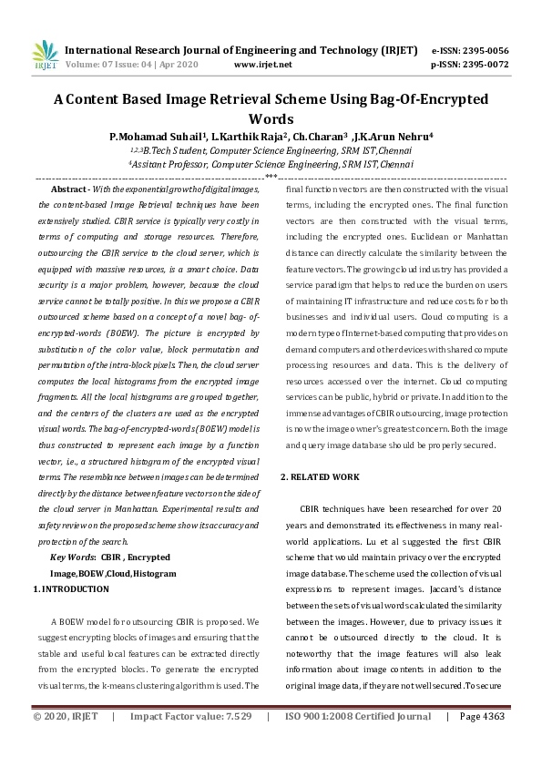 Pdf Irjet A Content Based Image Retrieval Scheme Using Bag Of Encrypted Words