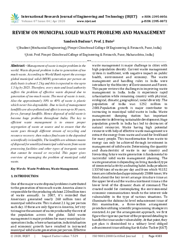 (PDF) IRJET- REVIEW ON MUNICIPAL SOLID WASTE PROBLEMS AND MANAGEMENT