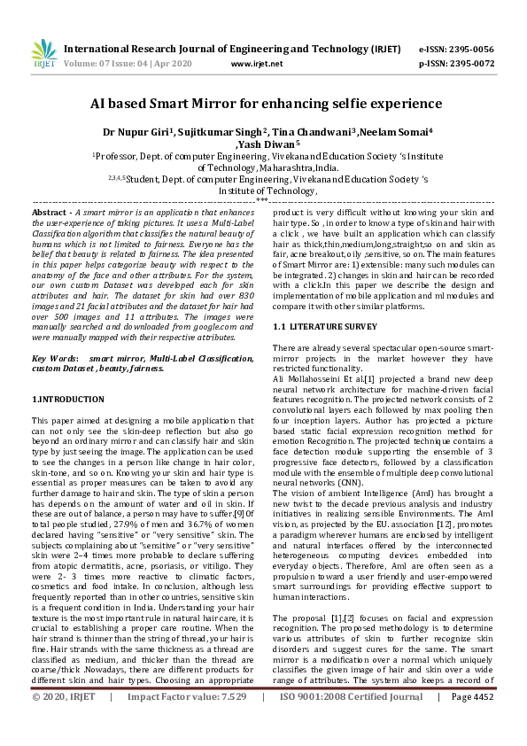 (PDF) IRJET- AI based Smart Mirror for enhancing selfie experience