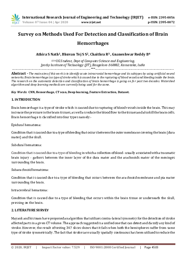 Pdf Irjet Survey On Methods Used For Detection And Classification Of Brain Hemorrhages