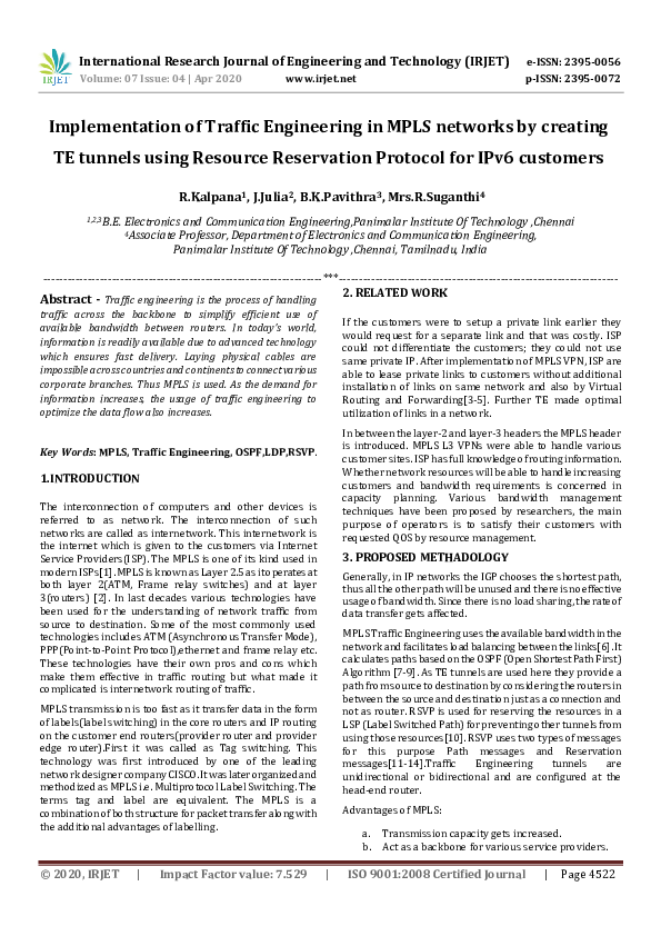 (PDF) IRJET- Implementation of Traffic Engineering in MPLS networks by creating TE tunnels using ...
