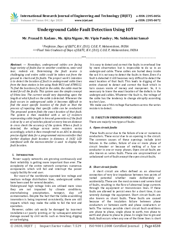Pdf Irjet Underground Cable Fault Detection Using Iot