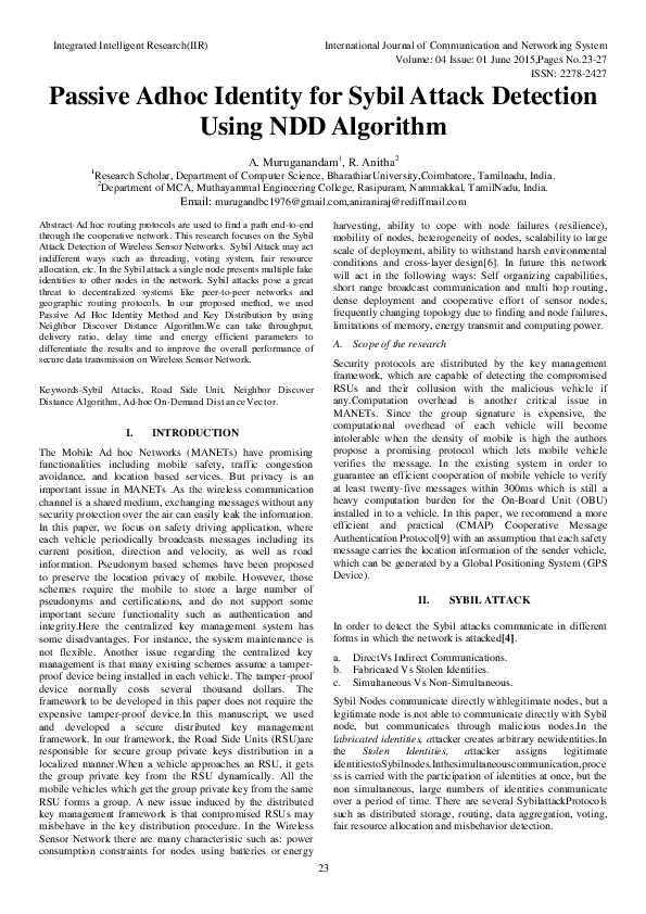Pdf Passive Adhoc Identity For Sybil Attack Detection Using Ndd Algorithm