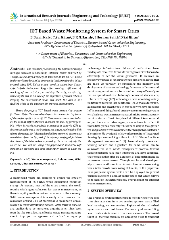 (PDF) IRJET- IOT Based Waste Monitoring System for Smart Cities