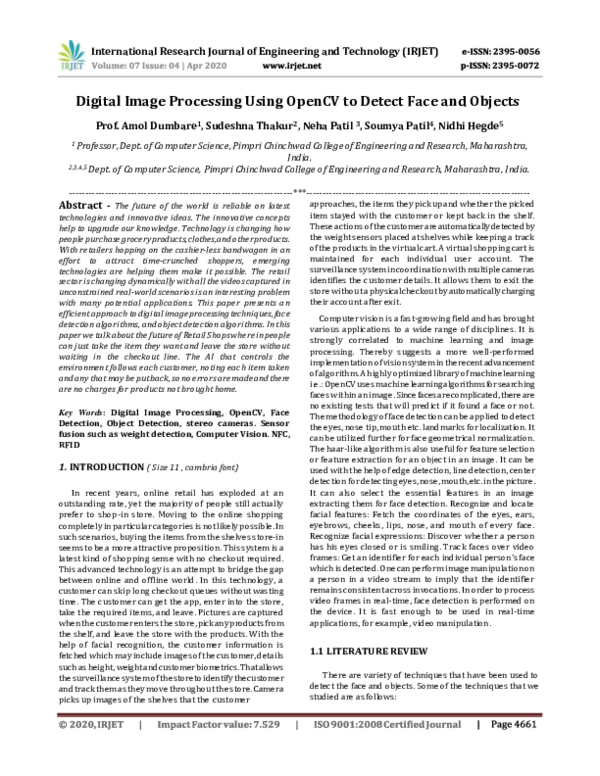 (PDF) IRJET- Digital Image Processing Using OpenCV to Detect Face and Objects