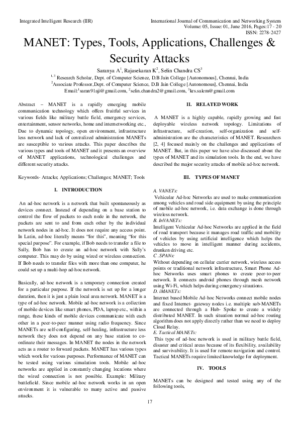 (PDF) MANET: Types, Tools, Applications, Challenges & Security Attacks