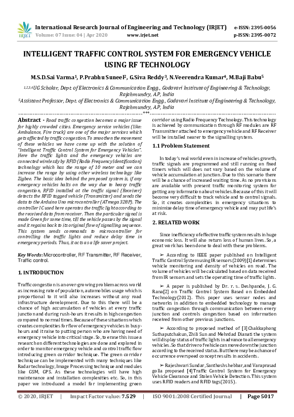 Pdf Irjet Intelligent Traffic Control System For Emergency Vehicle Using Rf Technology