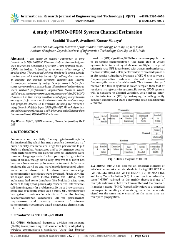 (PDF) IRJET- A study of MIMO-OFDM System Channel Estimation