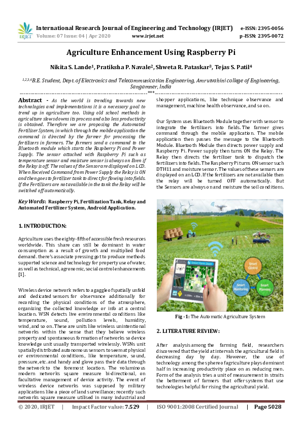 (PDF) IRJET- Agriculture Enhancement Using Raspberry Pi