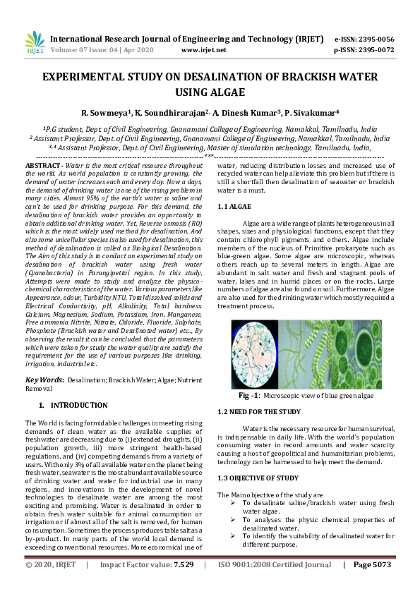 (PDF) IRJET- EXPERIMENTAL STUDY ON DESALINATION OF BRACKISH WATER USING ...