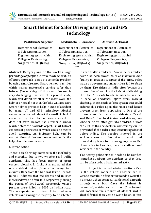 (PDF) IRJET- Smart Helmet for Safer Driving using IoT and GPS Technology