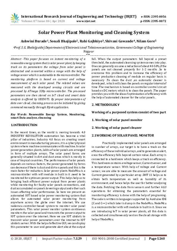 (PDF) IRJET- Solar Power Plant Monitoring and Cleaning System