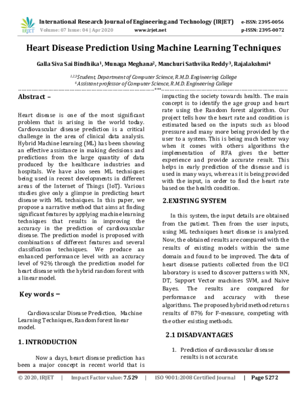 (PDF) IRJET- Heart Disease Prediction Using Machine Learning Techniques