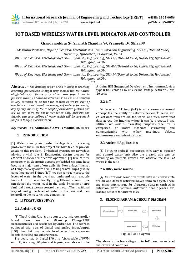 (PDF) IRJET- IOT BASED WIRELESS WATER LEVEL INDICATOR AND CONTROLLER