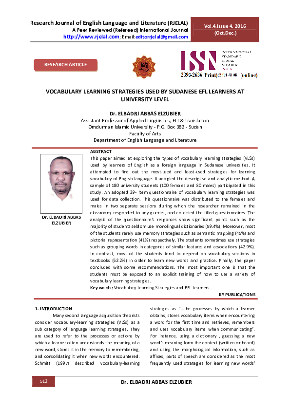 (PDF) VOCABULARY LEARNING STRATEGIES USED BY SUDANESE EFL LEARNERS AT UNIVERSITY LEVEL