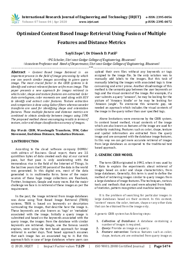 (PDF) IRJET- Optimized Content Based Image Retrieval Using Fusion of Multiple Features and ...