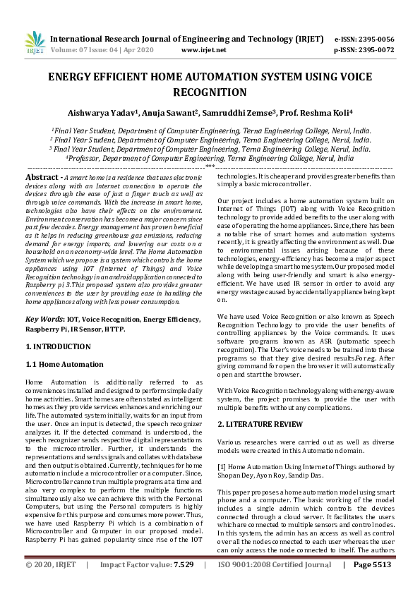 (PDF) IRJET- ENERGY EFFICIENT HOME AUTOMATION SYSTEM USING VOICE ...