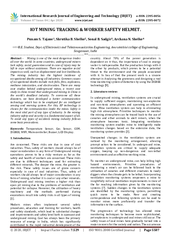 Pdf Irjet Iot Mining Tracking And Worker Safety Helmet