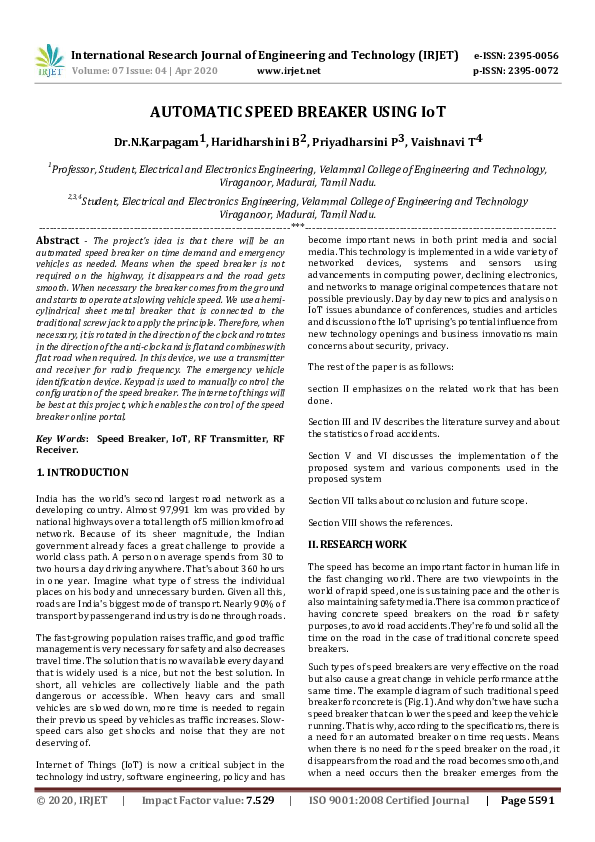 (PDF) IRJET- AUTOMATIC SPEED BREAKER USING IoT