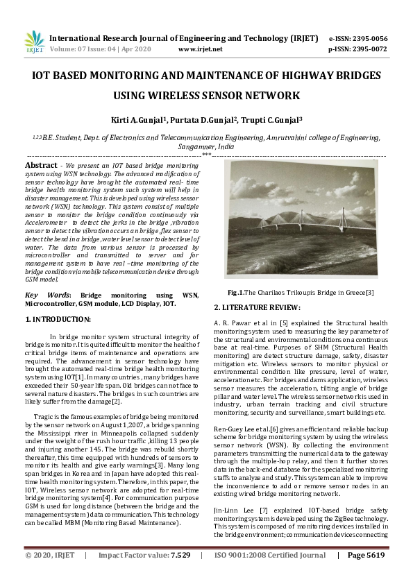(PDF) IRJET- IOT BASED MONITORING AND MAINTENANCE OF HIGHWAY BRIDGES USING WIRELESS SENSOR NETWORK
