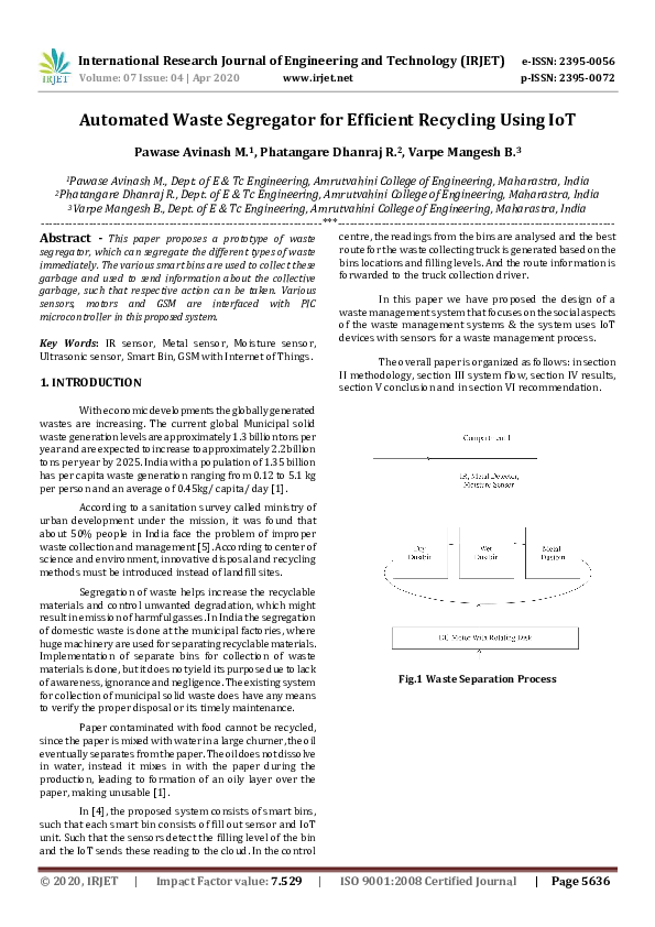 (PDF) IRJET- Automated Waste Segregator for Efficient Recycling Using IoT