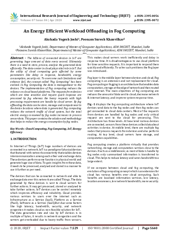 Pdf Irjet An Energy Efficient Workload Offloading In Fog Computing