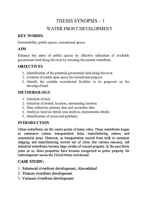 (DOC) THESIS SYNOPSIS -1 WATER FRONT DEVELOPMENT