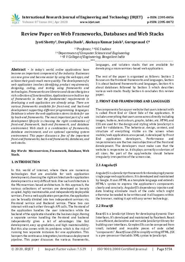 (PDF) IRJET- Review Paper on Web Frameworks, Databases and Web Stacks