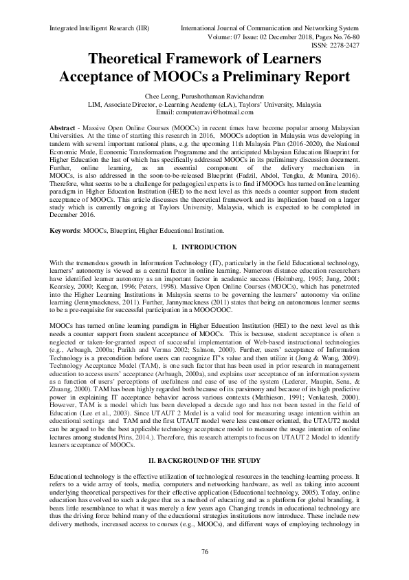 (PDF) Theoretical Framework of Learners Acceptance of MOOCs a Preliminary Report