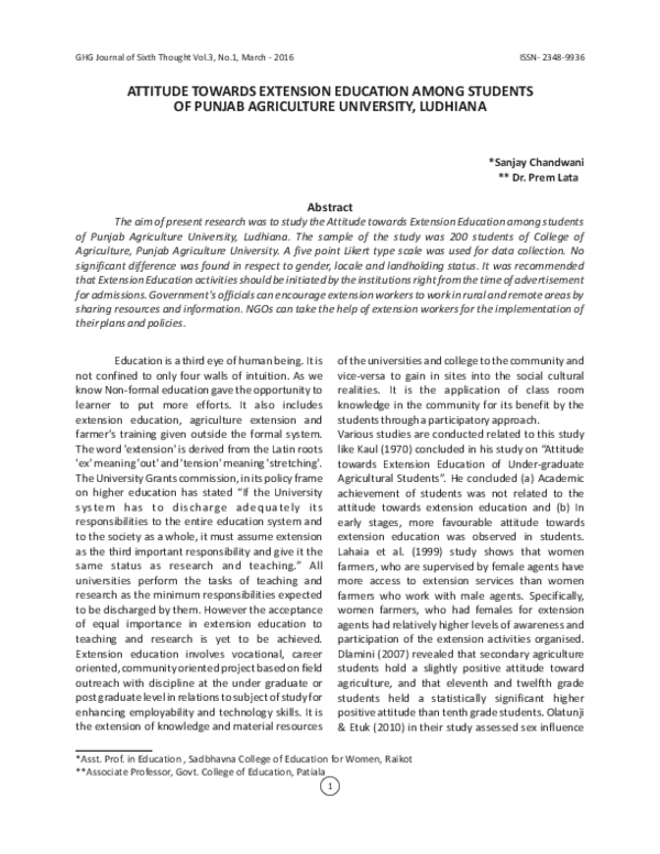 (PDF) ATTITUDE TOWARDS EXTENSION EDUCATION AMONG STUDENTS OF PUNJAB ...