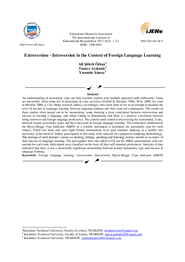 (PDF) Extroversion -Introversion in the Context of Foreign Language Learning