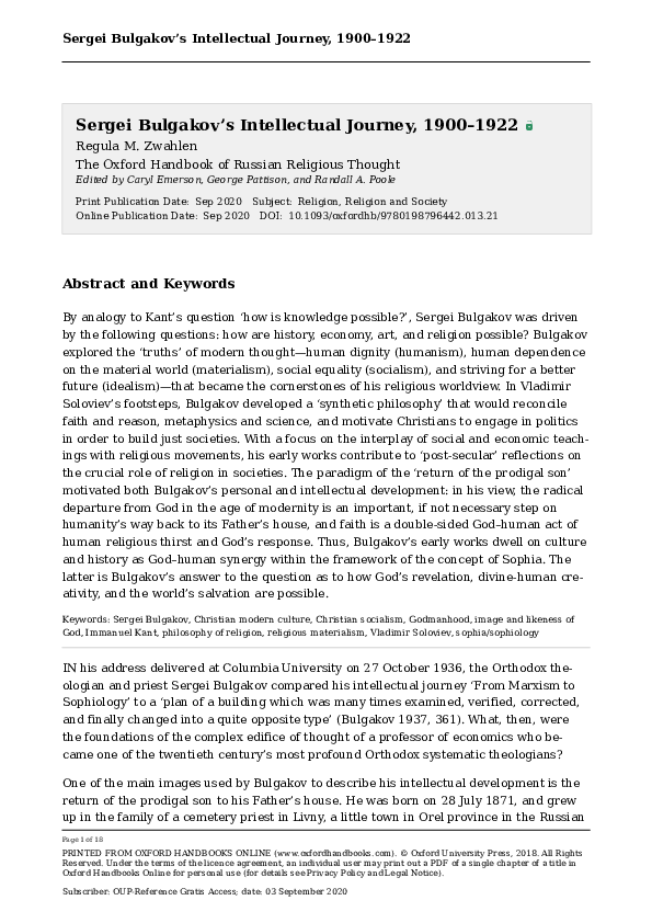 (PDF) Sergei Bulgakov's Intellectual Journey (1900-1922), in: The ...