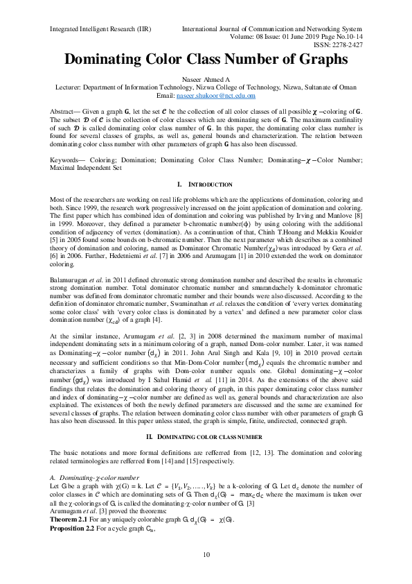 (PDF) Dominating Color Class Number of Graphs