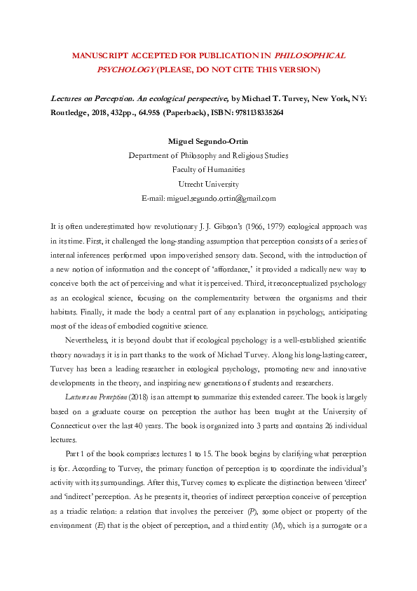 (PDF) Book Review: Turvey, M. T., "Lectures on Perception: An ...