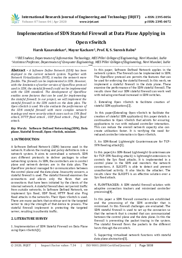 (PDF) IRJET- Implementation of SDN Stateful Firewall at Data Plane Applying in Open vSwitch