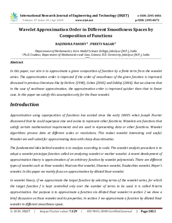 (PDF) IRJET- Wavelet Approximation Order in Different Smoothness Spaces by Composition of Functions