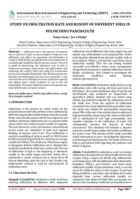 (PDF) IRJET- STUDY ON INFILTRATION RATE AND RUNOFF OF DIFFERENT SOILS ...