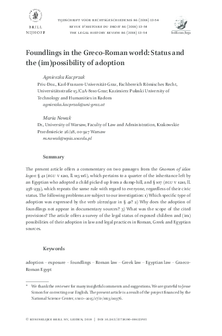 (PDF) FOUNDLINGS IN THE GRECO-ROMAN WORLD – STATUS AND THE (IM ...