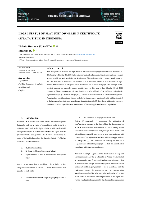 (PDF) LEGAL STATUS OF FLAT UNIT OWNERSHIP CERTIFICATE (STRATA TITLE) IN ...