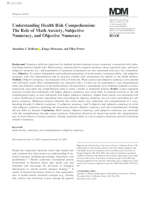 (PDF) Understanding Health Risk Comprehension: The Role of Math Anxiety ...