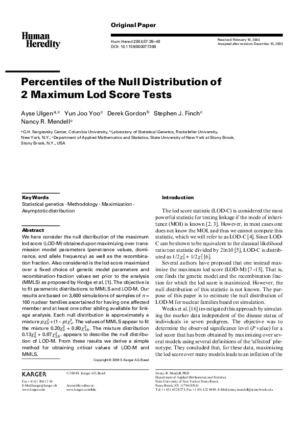 (PDF) Percentiles of the Null Distribution of 2 Maximum Lod Score Tests