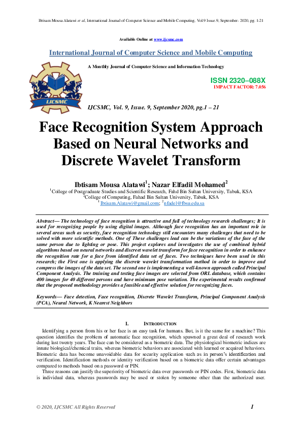 Pdf Face Recognition System Approach Based On Neural Networks And Discrete Wavelet Transform