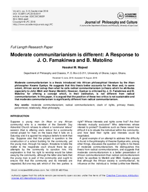 (PDF) Journal of Philosophy and Culture Moderate communitarianism is ...