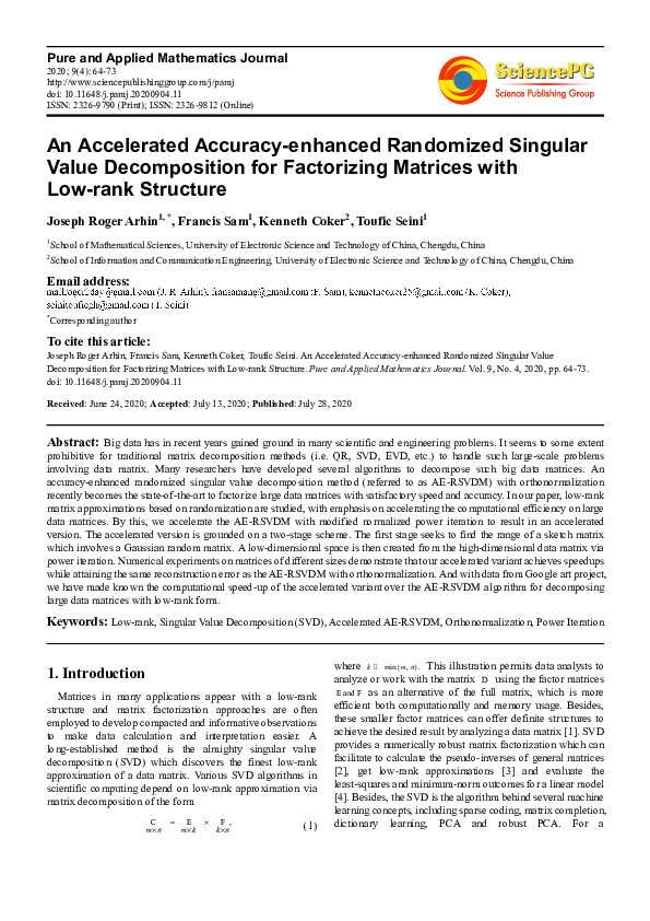 Pdf An Accelerated Accuracy Enhanced Randomized Singular Value Decomposition For Factorizing