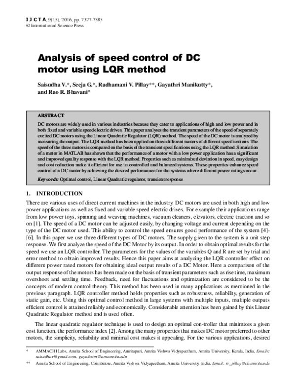 (PDF) Analysis of speed control of DC motor using LQR method