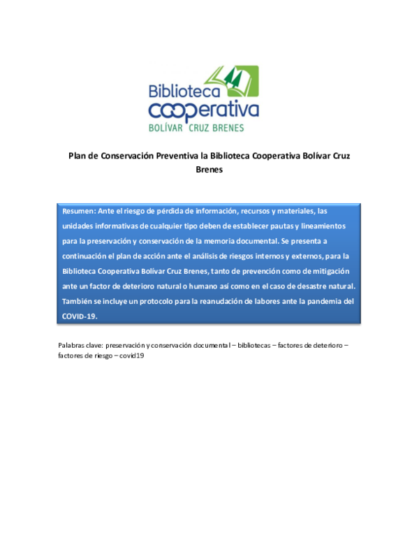 (PDF) Plan de Conservación Preventiva la Biblioteca Cooperativa Bolívar Cruz Brenes