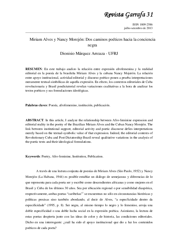 (PDF) Miriam Alves y Nancy Morejón: Dos caminos poéticos hacia la ...